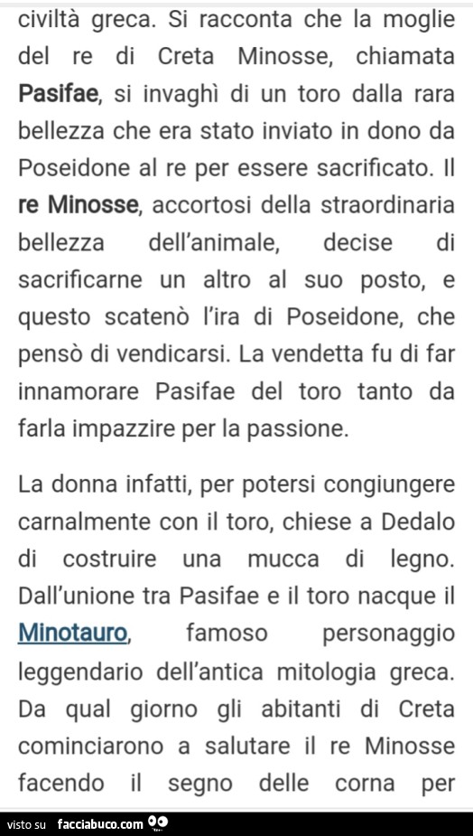 Civiltà greca. Si racconta che la moglie del re di creta minosse ...